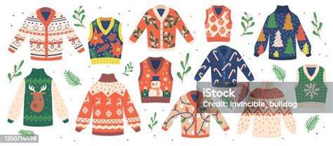 흰색 배경에 고립 된 전통적인 크리스마스 못생긴 스웨터 세트 재미있는 장식과 니트 겨울 Xmas 풀오버 크리스마스 스웨터에 대한