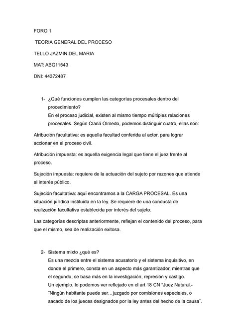 FORO 1 Procesal Foro 1 FORO 1 TEORIA GENERAL DEL PROCESO TELLO
