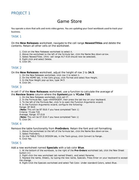 MOS Excel CORE Practice EXAM PROJECT Game Store You Operate A Store That Sells And