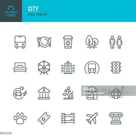 도시 얇은 선 벡터 아이콘 세트 픽셀 완벽 편집 가능한 스트로크 이 세트에는 공공 공원 관광 명소 레스토랑 은행 병원 상점 대중