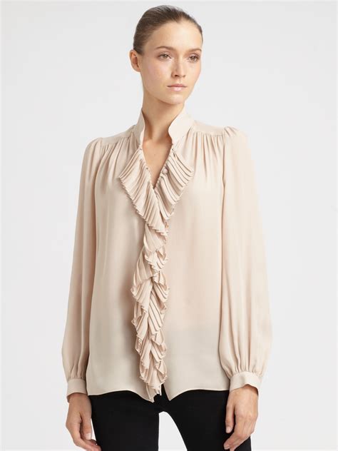 Milly Ruffle Cascade Silk Blouse In Beige Lyst