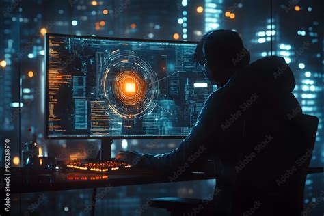 a hacker at a desk using a computer with a digital tech circle on a