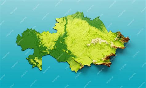 카자흐스탄 지도 음영 처리 된 구호 색 높이 지도 바다 파란색 배경 3d 그림 프리미엄 사진