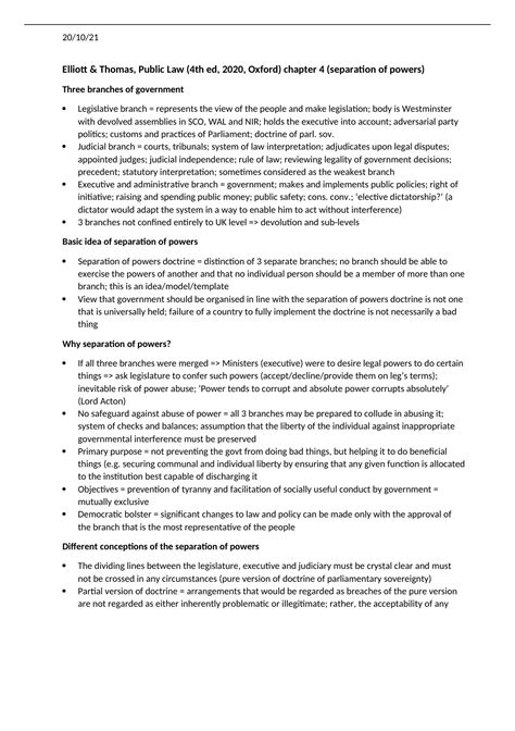 Full Notes On Chapter 4 Separation Of Powers An Introduction Elliott And Thomas Public Law