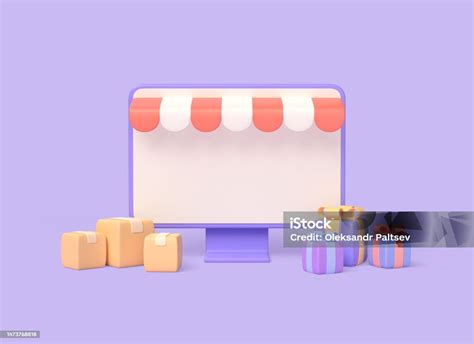 3d 모니터 소포용 골판지 상자 선물 상자 온라인 상점에서의 쇼핑 및 상품 배달의 개념 보라색 배경에 격리된 그림3d 렌더링 3차원 형태에 대한 스톡 사진 및 기타 이미지