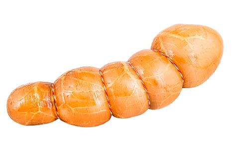 매우 큰 삶은 소시지 닭고기 고기 닭고기 다진 쇠고기 돼지고기 황소 끈으로 묶여 육즙 맛 있는 장미 그늘 색상을 따라 잘라 흰색 배경에 고립 된 구조 가공육에 대한 스톡