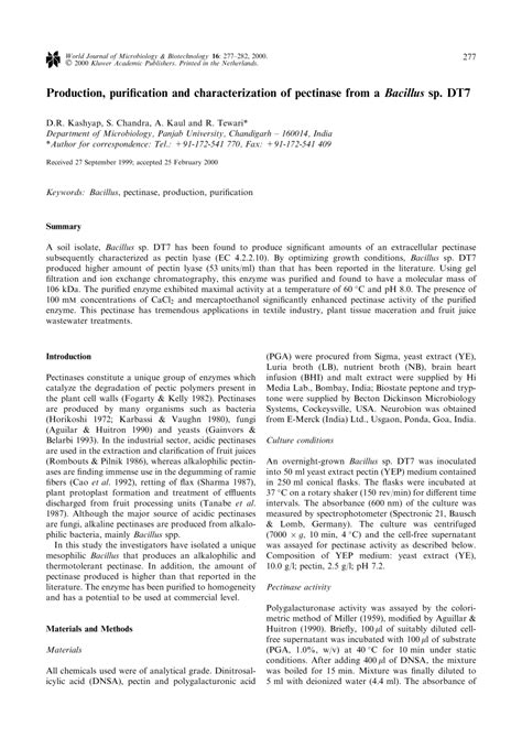 Pdf Production Purification And Characterization Of Pectinase From A