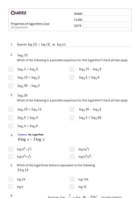 50 Logarithms Worksheets For 10th Grade On Quizizz Free And Printable