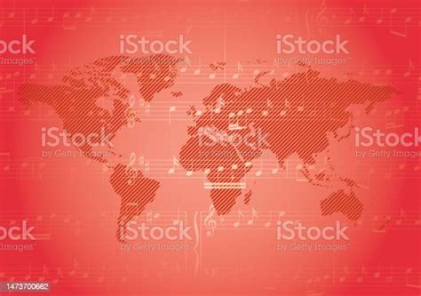赤いベクター画像の背景に音符と縞模様の世界地図 世界地図のベクターアート素材や画像を多数ご用意 世界地図 優雅 まぶしい Istock