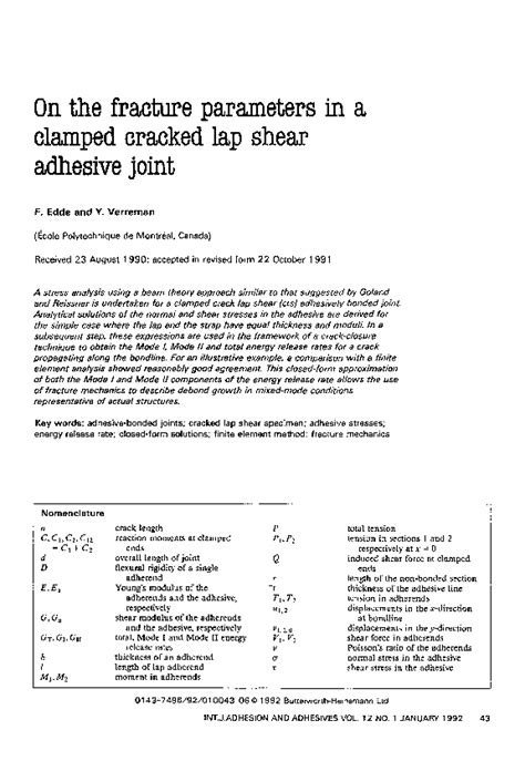 Pdf On The Fracture Parameters In A Clamped Cracked Lap Shear