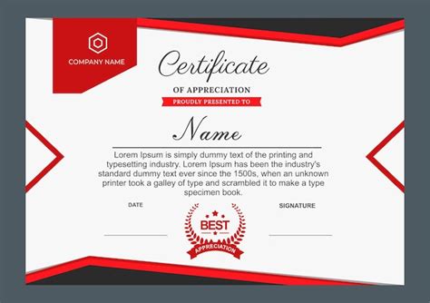 빨간색과 검은색 색상의 감사장 템플릿 프리미엄 벡터