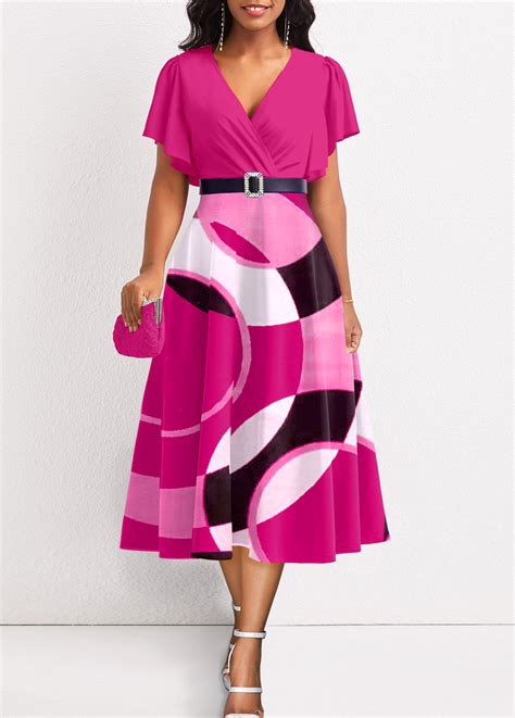 Geometric Print Umbrella Hem Hot Pink Dress Rosewe USD 18 98