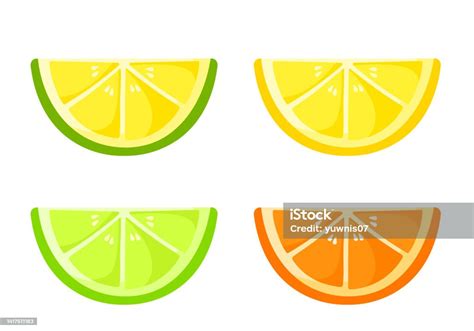 레몬 오렌지 라임 슬라이스 과일 아이콘 벡터 여름 음료 및 음료 성분을위한 흰색 배경 감귤류 과일에 대한 스톡 벡터 아트 및 기타 이미지 감귤류 과일 과일 귀여운