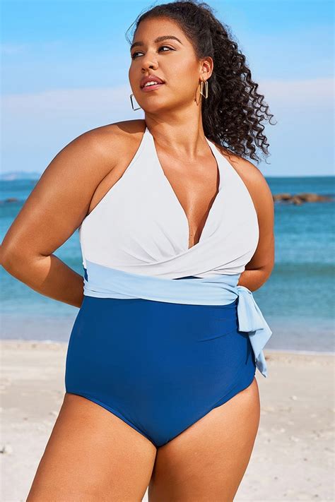Colorblock Halter Wrap Design One Piece Swimsuit Meetcurve Meetcurve