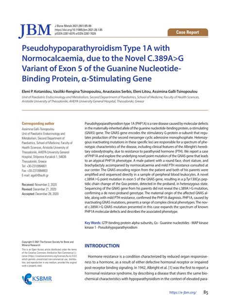 Pdf Pseudohypoparathyroidism Type 1a With Normocalcaemia Due To The Novel C 389a G Variant Of
