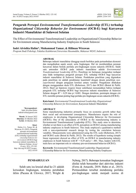 Pdf Pengaruh Persepsi Environmental Transformational Leadership Etl