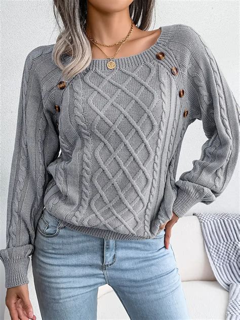 Womens Sweater Round Neck Texture Button Lantern Sleeve Temu