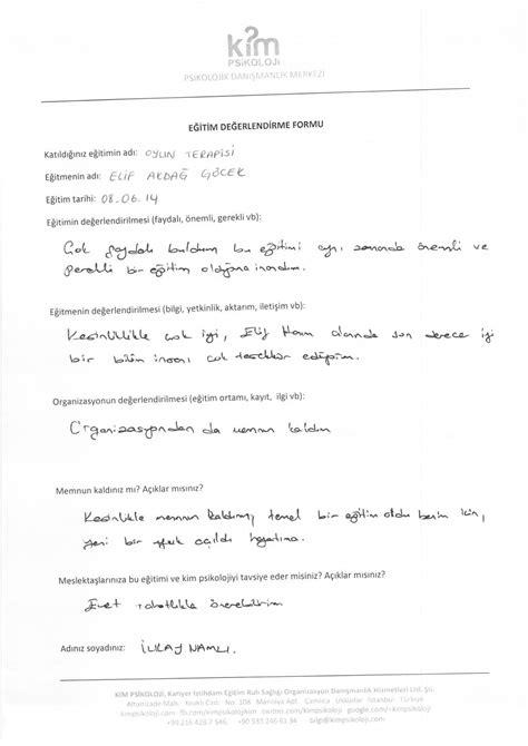 oyun terapi eğitim değerlendirme formu Sayfa Kim Psikoloji