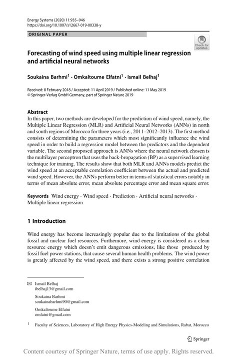 Forecasting Of Wind Speed Using Multiple Linear Regression And Artificial Neural Networks