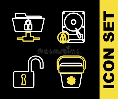 Set Line Hard Disk Drive And Lock Cooler Bag Open Padlock And FTP Folder Icon Vector Stock
