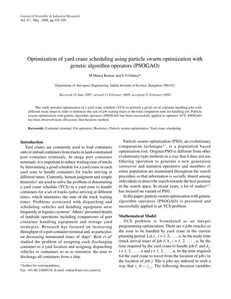 Pdf Optimization Of Yard Crane Scheduling Using Particle Swarm