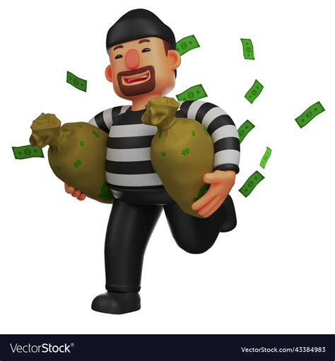 Funny 3d Thief Cartoon Design Stealing Sack Of Mon