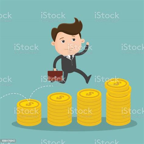 사업가의 동전 더미에 점프입니다 남자 돈의 작은 더미에서 동전의 큰 더미에 뛰어 재무 목표에 성공에 대 한 그림입니다 벡터