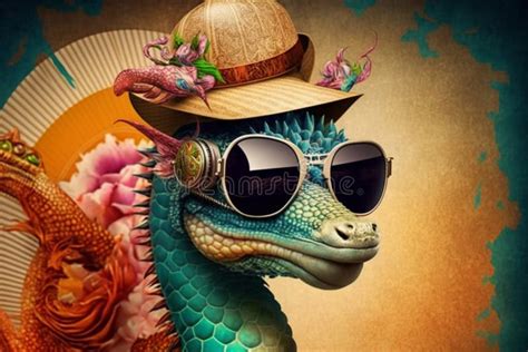 A Fictional Dragon In Glasses With A Hat Generated A Stock