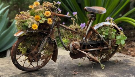 Rusty Old Bicycle Wheel With Flower Decoration In Rural Meadow Stock