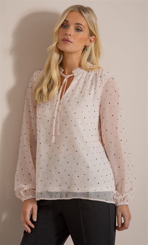 Dobby Spot Chiffon Tie Neck Top In Orange Klass