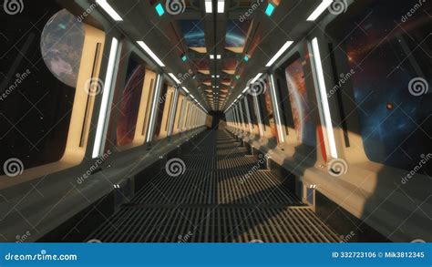 Infinite Corridor Inside A Futuristic Spaceship 3D Design Stock