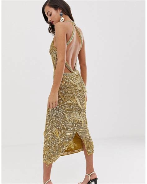 Asos Sequin Fringe Cutout Bodycon Midi Dress In Metallic Lyst