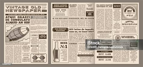 빈티지 신문 템플릿입니다 레트로 신문 페이지 오래 된 뉴스 헤드라인 및 저널 페이지 그리드 벡터 일러스트 레이 션 레이아웃 신문에 대한 스톡 벡터 아트 및 기타 이미지