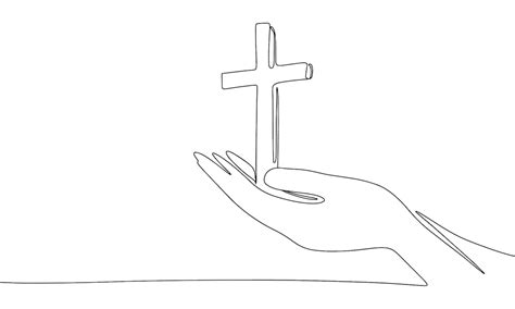 흰색 배경에 격리된 손에 있는 한 줄 연속 십자가 라인 아트 기독교 십자가 프리미엄 벡터