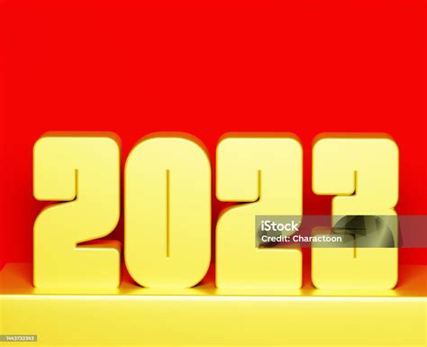 2023년 새해 복 많이 받으세요 3d는 디스플레이 연단 빨간색 배경에 금색 금속 기호를 렌더링합니다 새해 축하 디자인을 위한