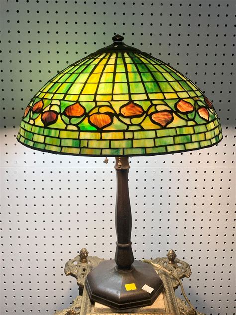 At Auction Handel Bronze Lamp With Leaded Glass Shade