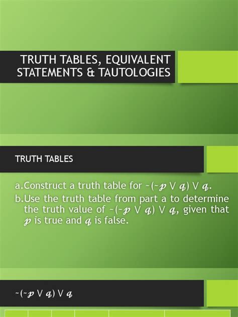 Truth Tables Equivalent Statements Tautologies Pdf Pdf If And Only