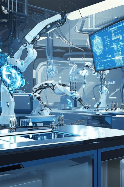 Illustration Of A Futuristic Laboratory Filled With Advanced Technology Including Floating Data