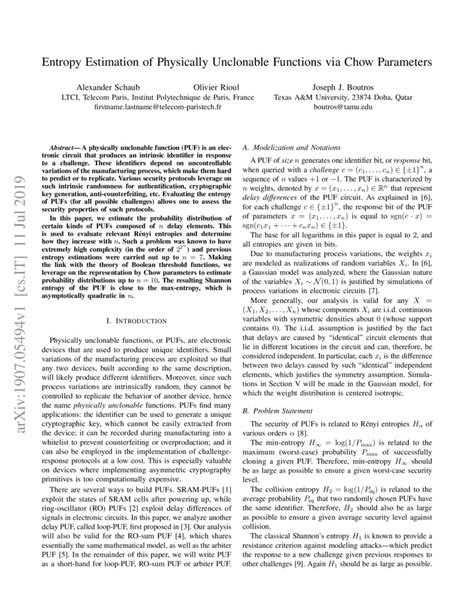 Entropy Estimation Of Physically Unclonable Functions Via Chow