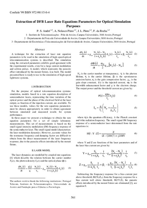 Pdf Extraction Of Dfb Laser Rate Equations Parameters For Optical