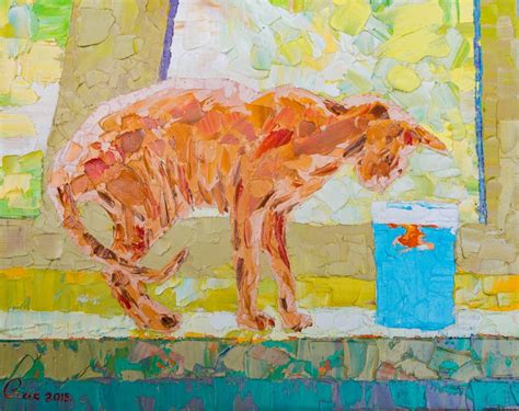 Картина «Кот и золотая рыбка ДВП Оргалит Масло 2015 г