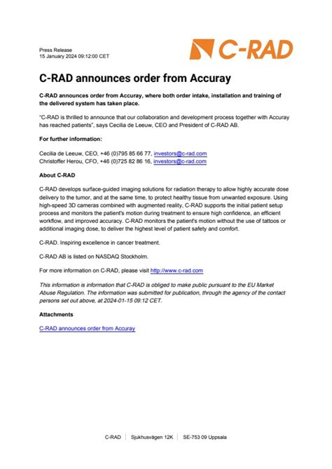 C Rad Announces Order From Accuray C Rad