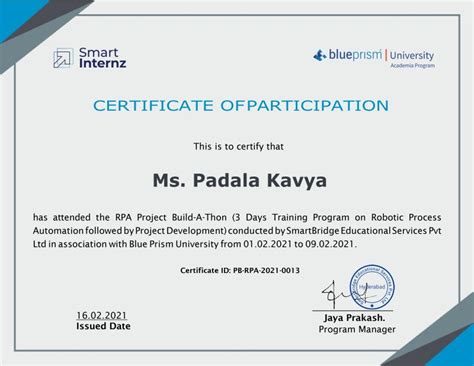 Kavya Padala On Linkedin I Completed Training And Project Development On Robotic Process
