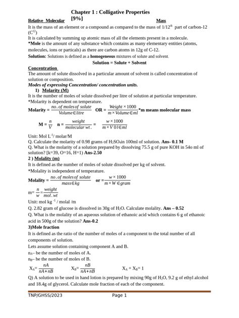Chapter 1 Colligative Property Pdf Mole Unit Concentration