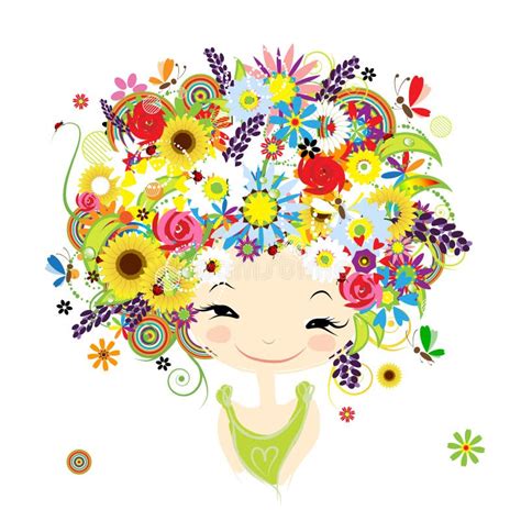 Female Portrait With Floral Hairstyle For Your Stock Vector