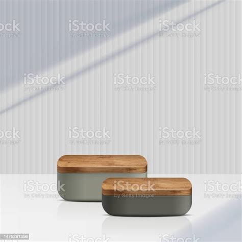 추상적인 최소 장면의 기하학적 모양 나무 제품은 모형 화장품 스파 제품을 위한 자연 잎과 함께 흰색 배경에 연단을 표시합니다