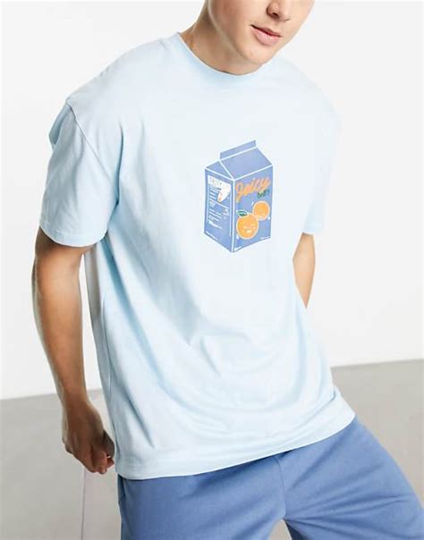 Asos Design Pyjama Set With T Shirt And Trousers In Blue With Orange