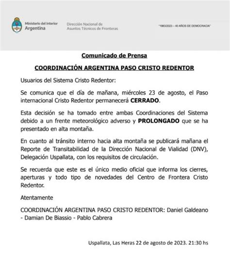 Cristo Redentor Qué Dice El último Comunicado Sobre El Paso A Chile