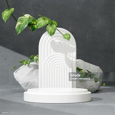 화분에 녹색 식물이있는 방에서 장식용 기하학적 우아한 흰색 연단의 3d 렌더링 0명에 대한 스톡 사진 및 기타 이미지 0명