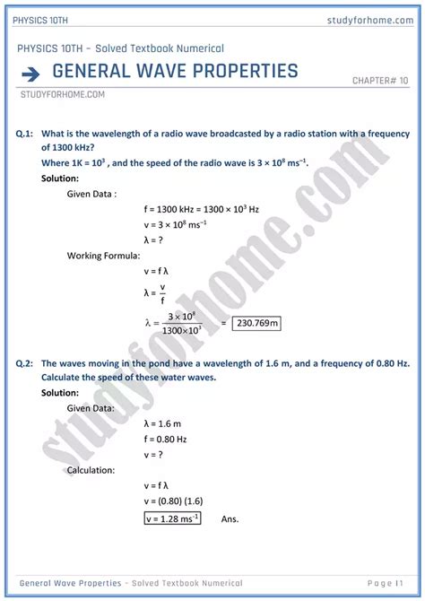 General Wave Properties Solved Textbook Numericals Physics 10th